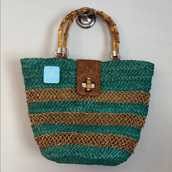 Caribbean Joe | Bags | Caribbean Joe Green And Brown Woven Tote Bag ...